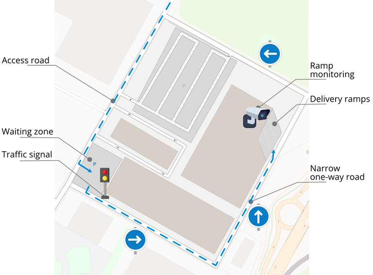 Smart AI light signal-controlled logistics during construction work.